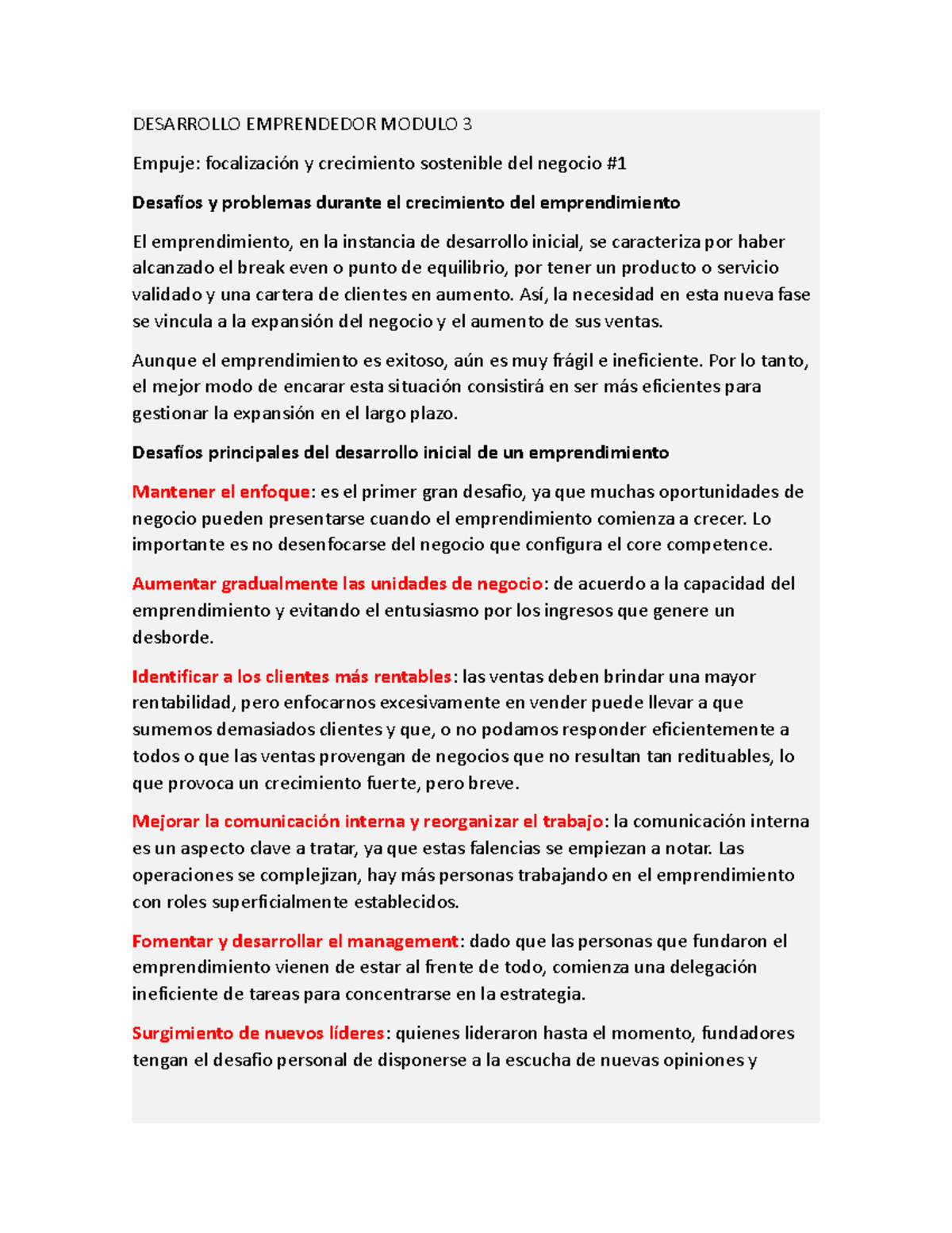 Desarrollo Emprendedor Modulo 3 - DESARROLLO EMPRENDEDOR MODULO 3 Empuje: focalización y ...