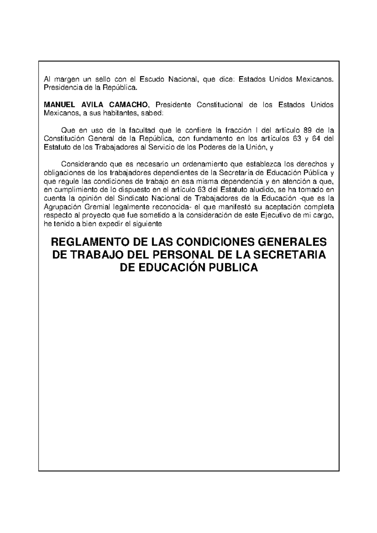 Reglamiento Condiciones Generales SEP - Al margen un sello con el ...