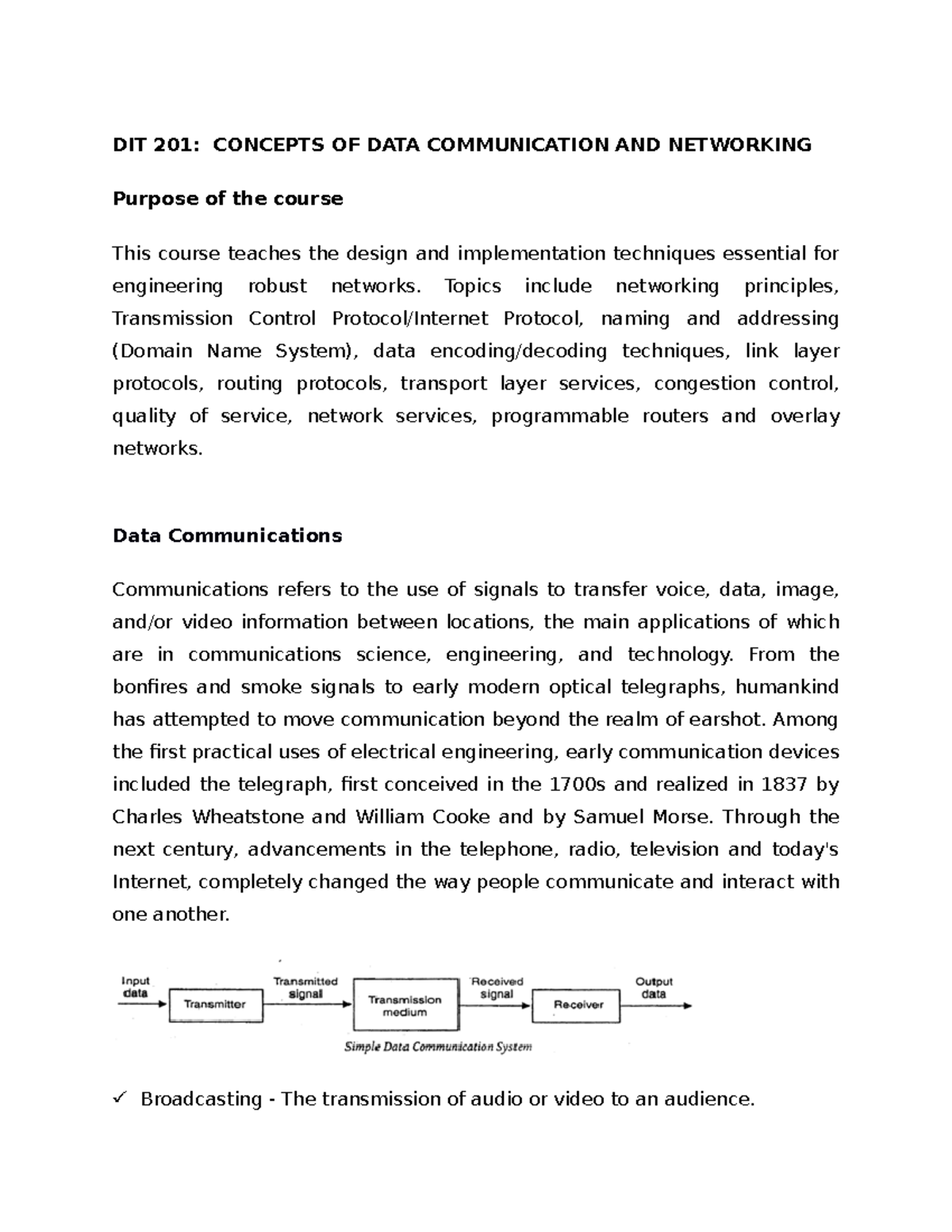 DIT 201 Notes - I.t - DIT 201: CONCEPTS OF DATA COMMUNICATION AND ...