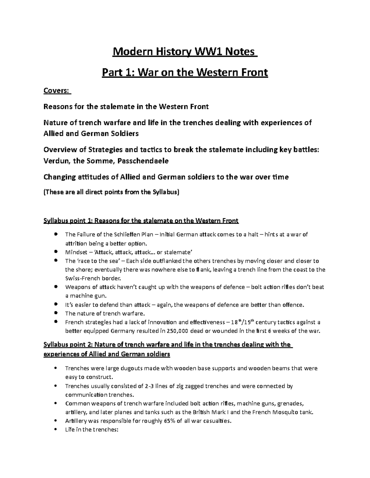 WW1 - War on the Western Front - Modern History WW1 Notes Part 1: War ...