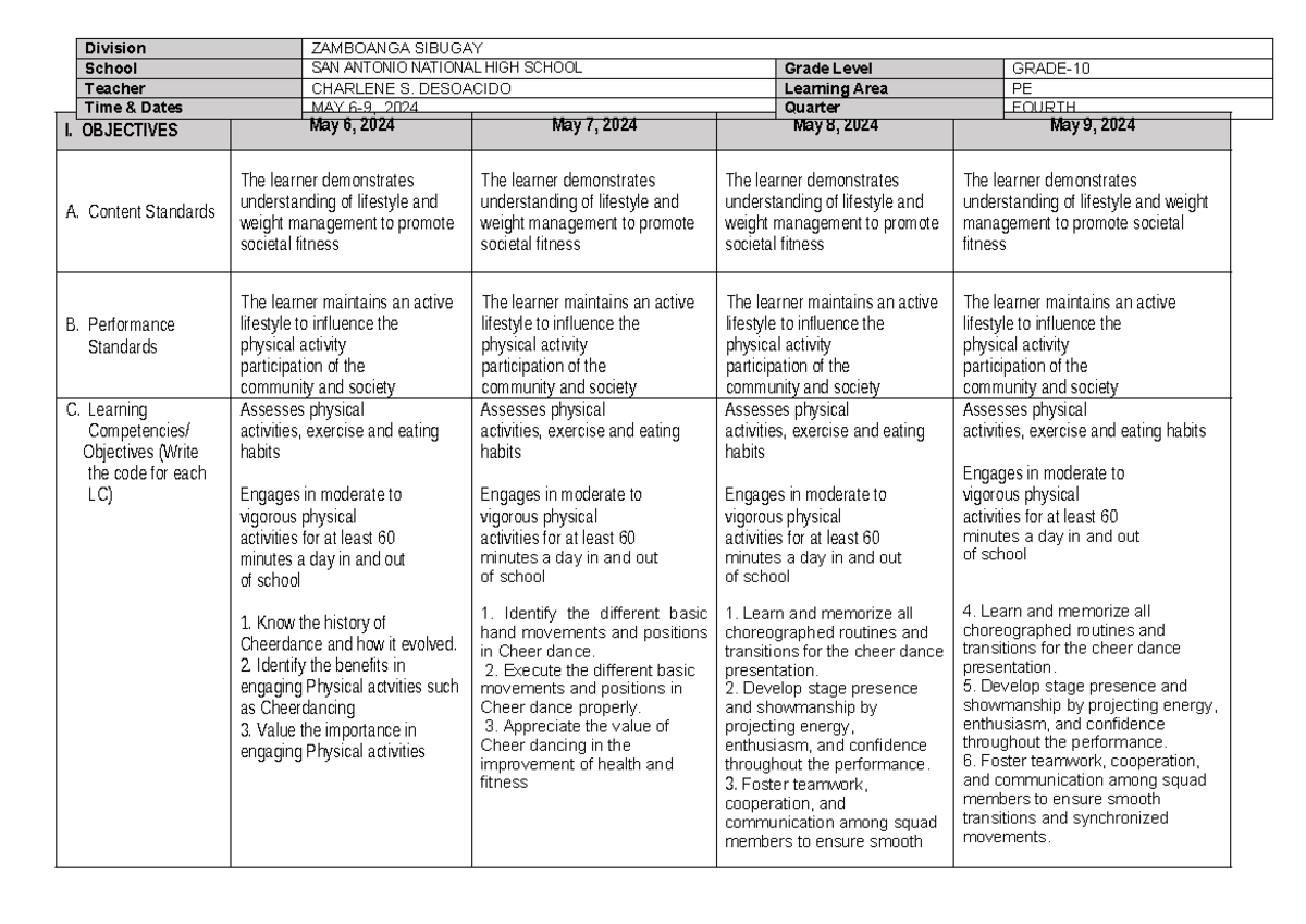 10-PE Week 1 - I. OBJECTIVES May 6, 2024 May 7, 2024 May 8, 2024 May 9 ...