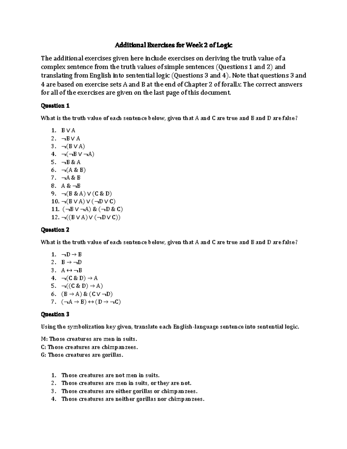 Additional Exercises For Logic - Additional Exercises for Week 2 of ...