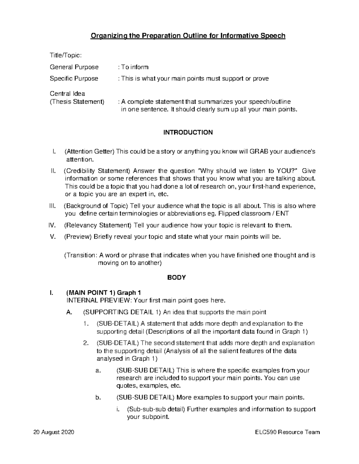 Organizing THE Preparation Outline - 20 August 2020 ELC590 Resource ...