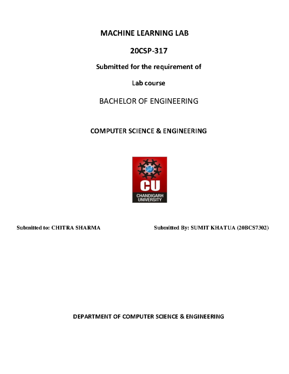 20BCS7302 Sumit Khatua ML Exp2 - MACHINE LEARNING LAB 20CSP- Submitted for the requirement of ...