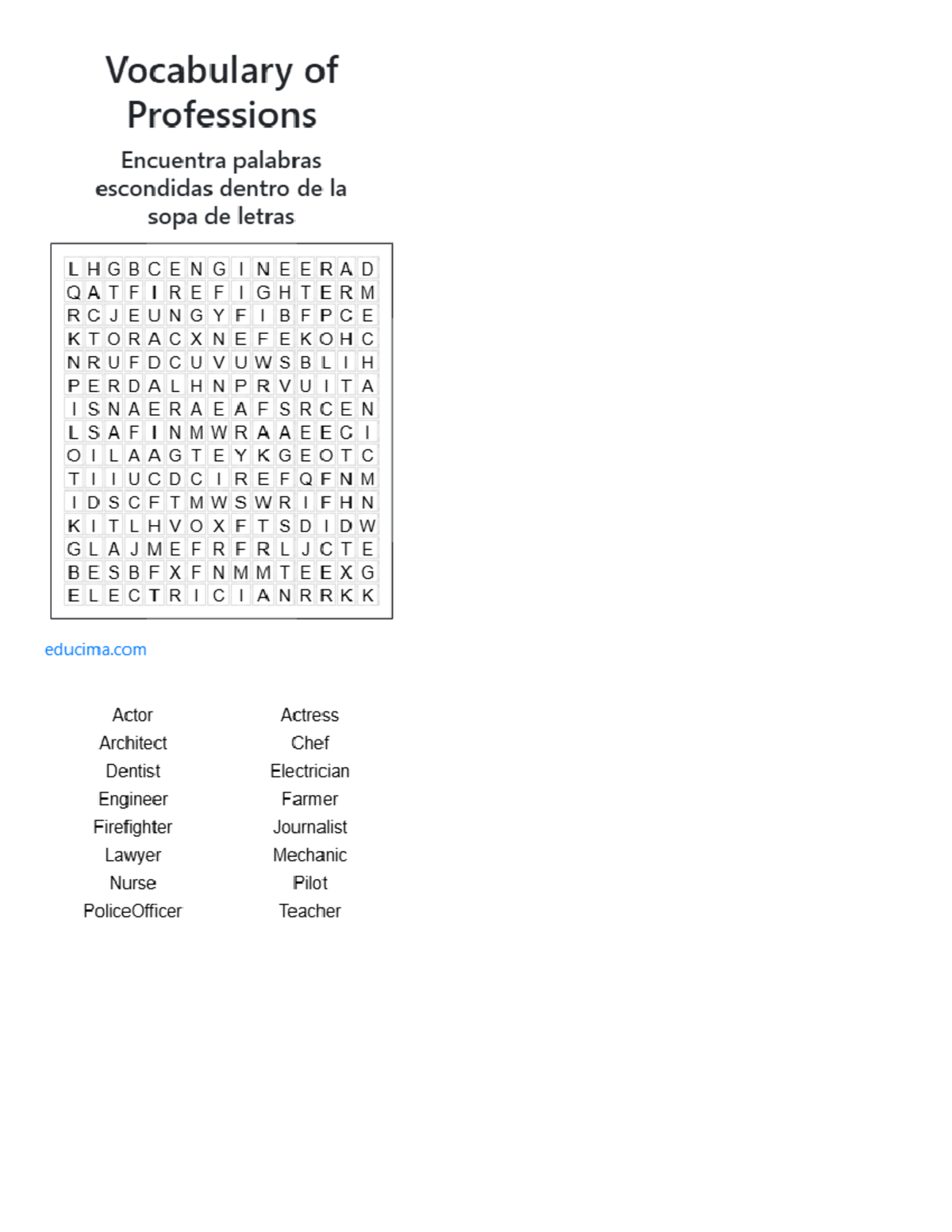 Wordsearch - vocabulary of professions - Vocabulary of Professions ...