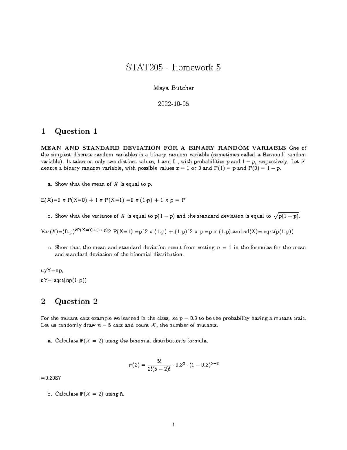 Homework 5 STAT 205 - STAT205 - Homework 5 Maya Butcher 2022-10- 1 ...