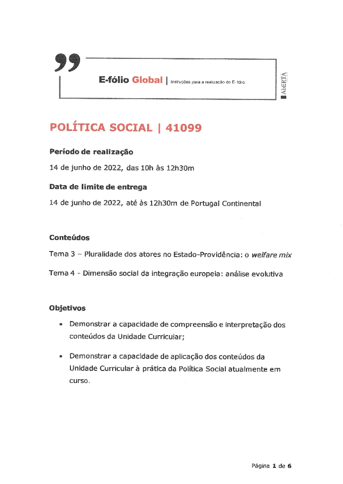 Efolio Global PS 2021-2022 1ª época - Política Social - Studocu