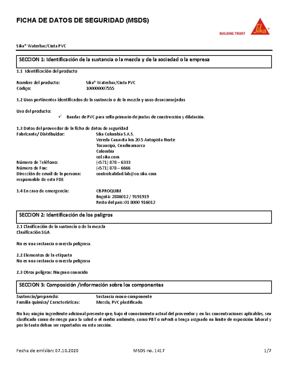 Co-hs Sika Waterbar - hoJA DE sEGURIDAD sika - FICHA DE DATOS DE ...