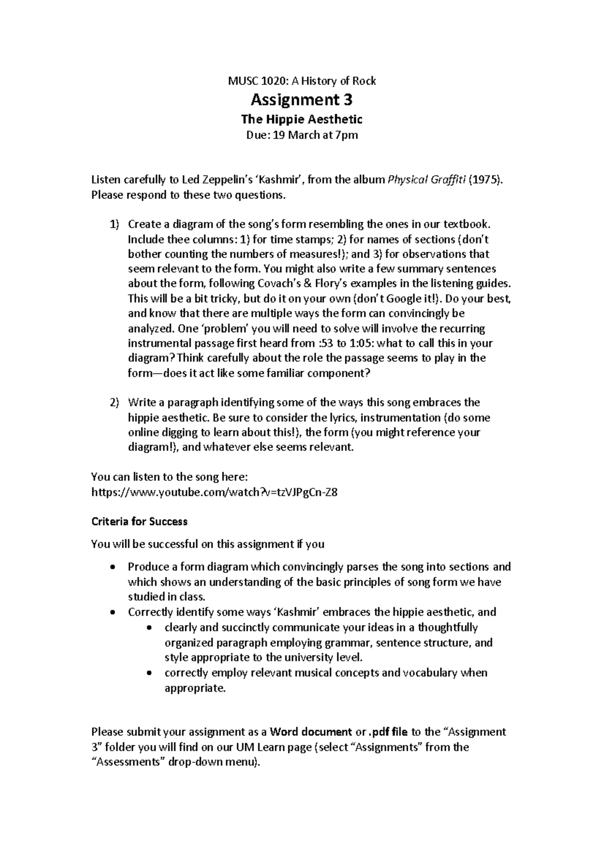 Assignment 3 1020 - MUSC 1020: A History of Rock Assignment 3 The ...