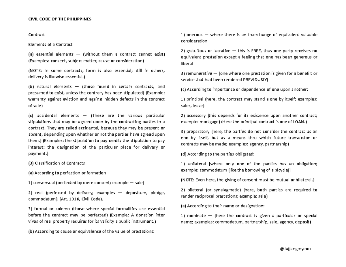 Contracts Notes - CIVIL CODE OF THE PHILIPPINES Contract Elements of a ...