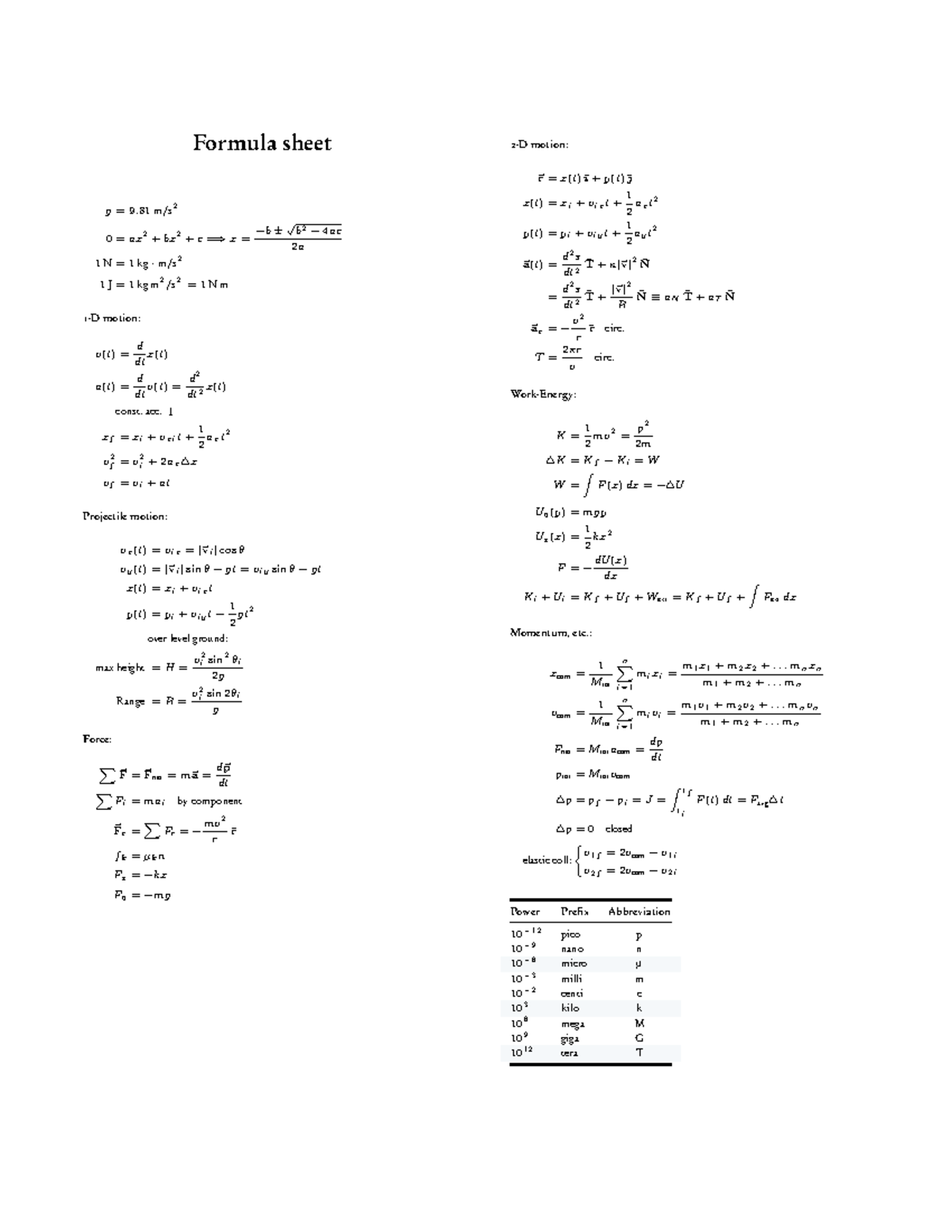 Formula-sheet - notes - Formula sheet g= 9. 81 m/s 2 0 =ax 2 +bx 2 +c=⇒ ...