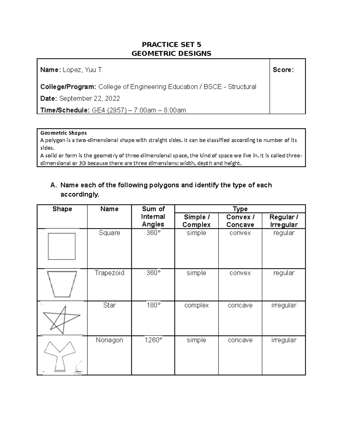 GE4 Week 6-7 Practice Set 5 - PRACTICE SET 5 GEOMETRIC DESIGNS Name ...
