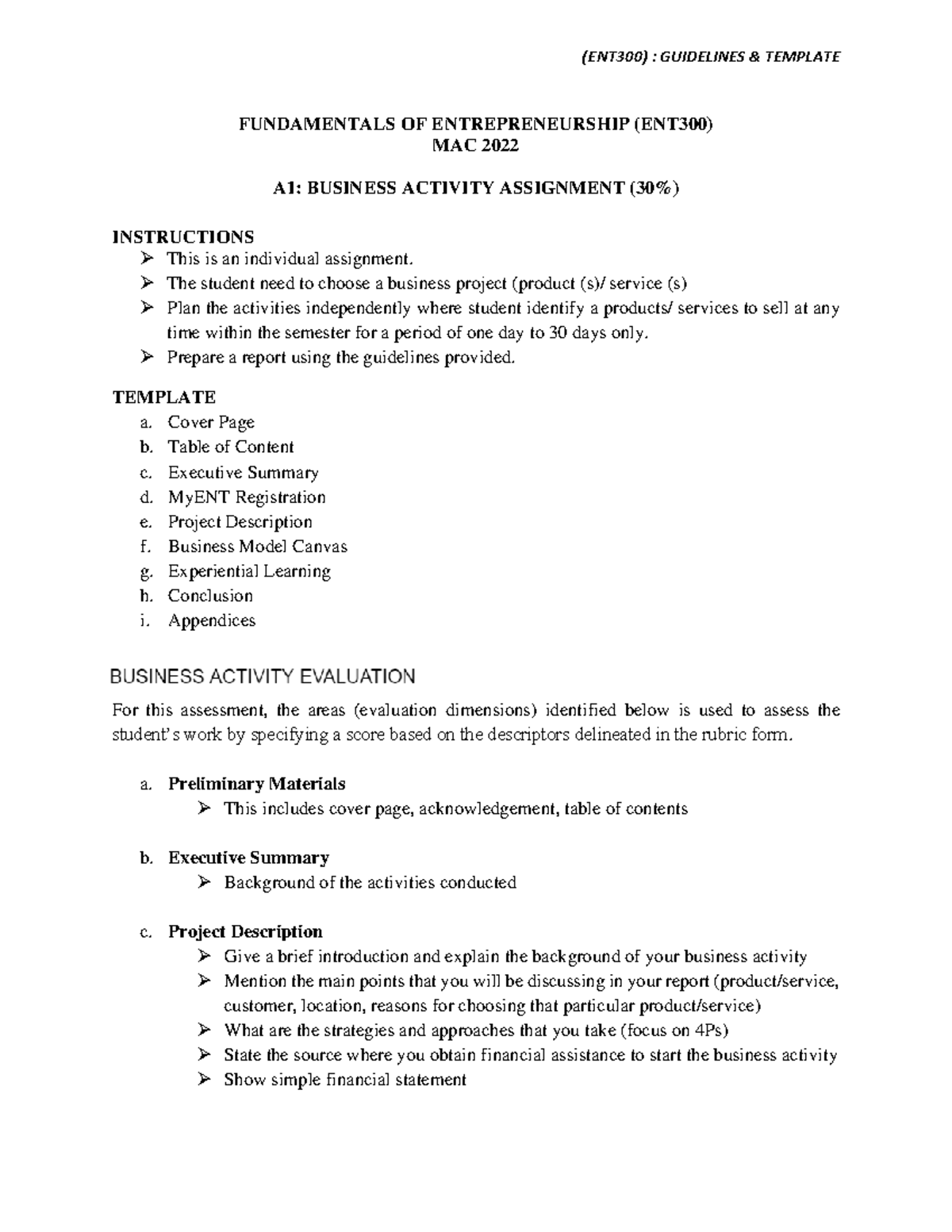 ENT300 Guidelines OCT 2022 - FUNDAMENTALS OF ENTREPRENEURSHIP (ENT300 ...