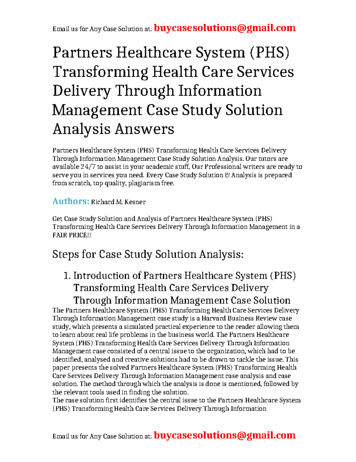 Case Solution Partners Healthcare System (PHS) Transforming Health Care ...