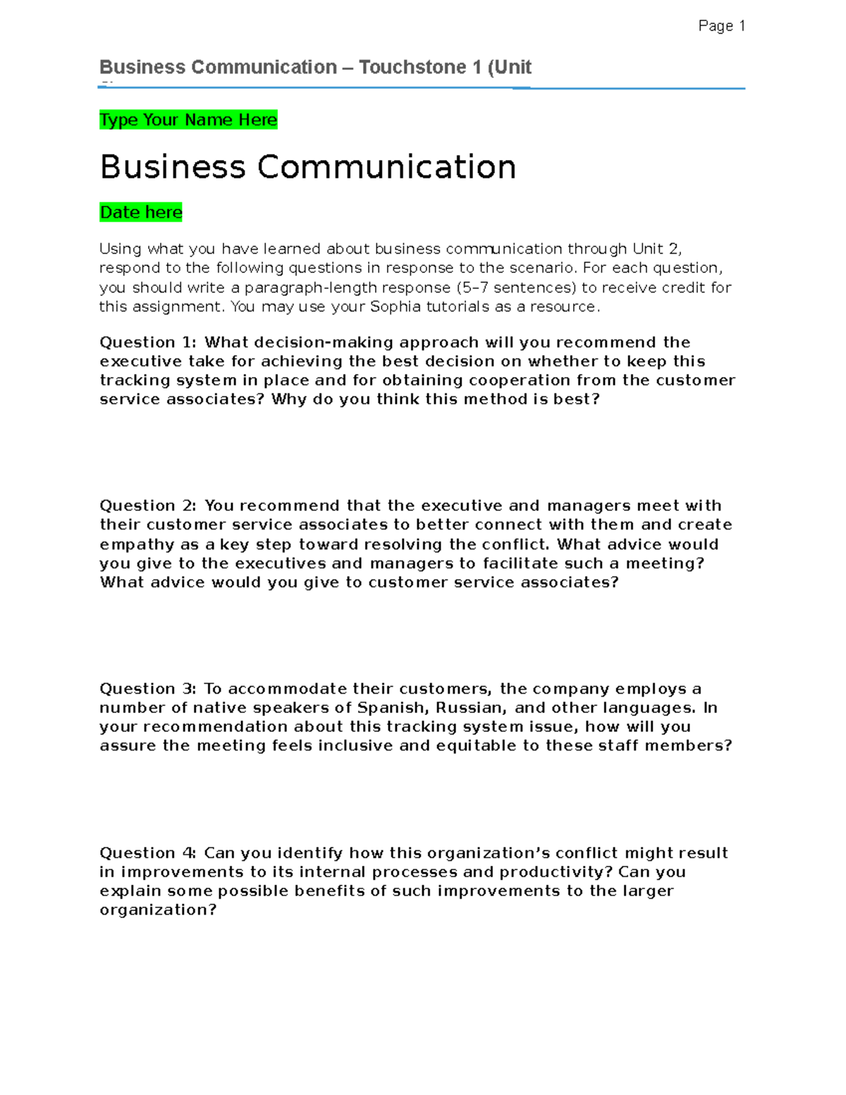 Bus Comm Touchstone 1 Template - Page 1 Type Your Name Here Business ...