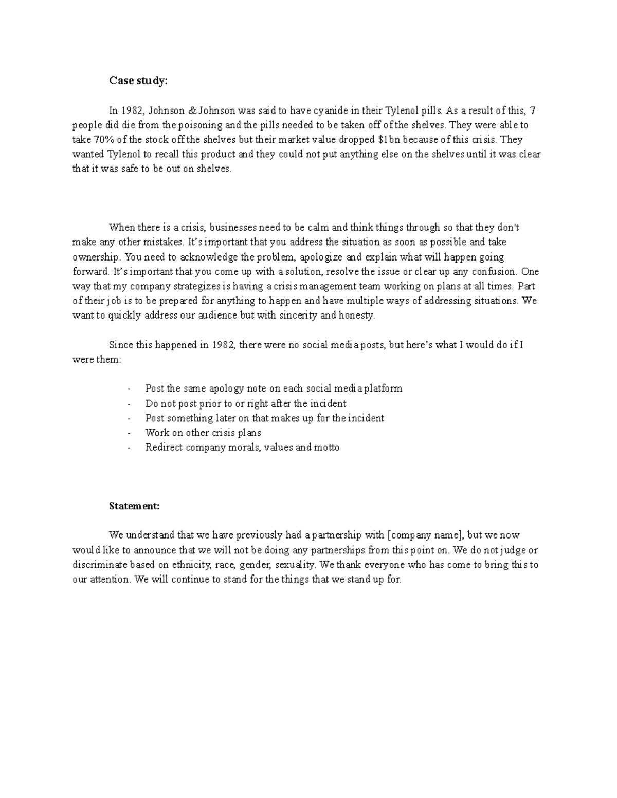 Crisis management - sample of assignment - Case study: In 1982, Johnson ...