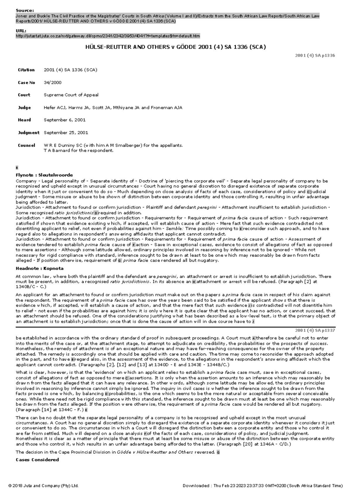 Hülse- Reutter AND Others v Gödde 2001 (4) SA 1336 (SCA) - Source ...