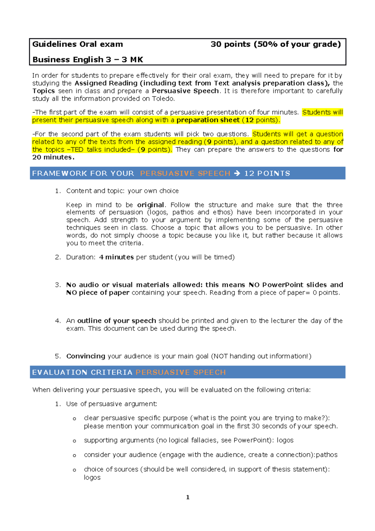 Oral Exam Guidelines Business English 3 - Guidelines Oral exam 30 ...