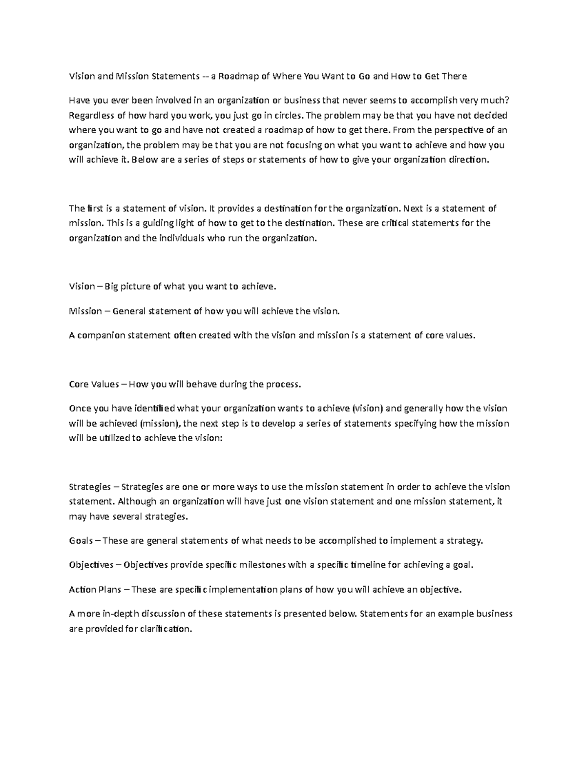 Vision and Mission Statements a Roadmap of Where You Want to Go and How ...