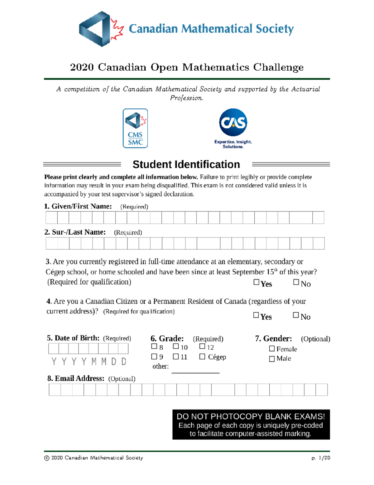 Comc2020-exam-en - thinking questions practice - 2020 Canadian Open ...