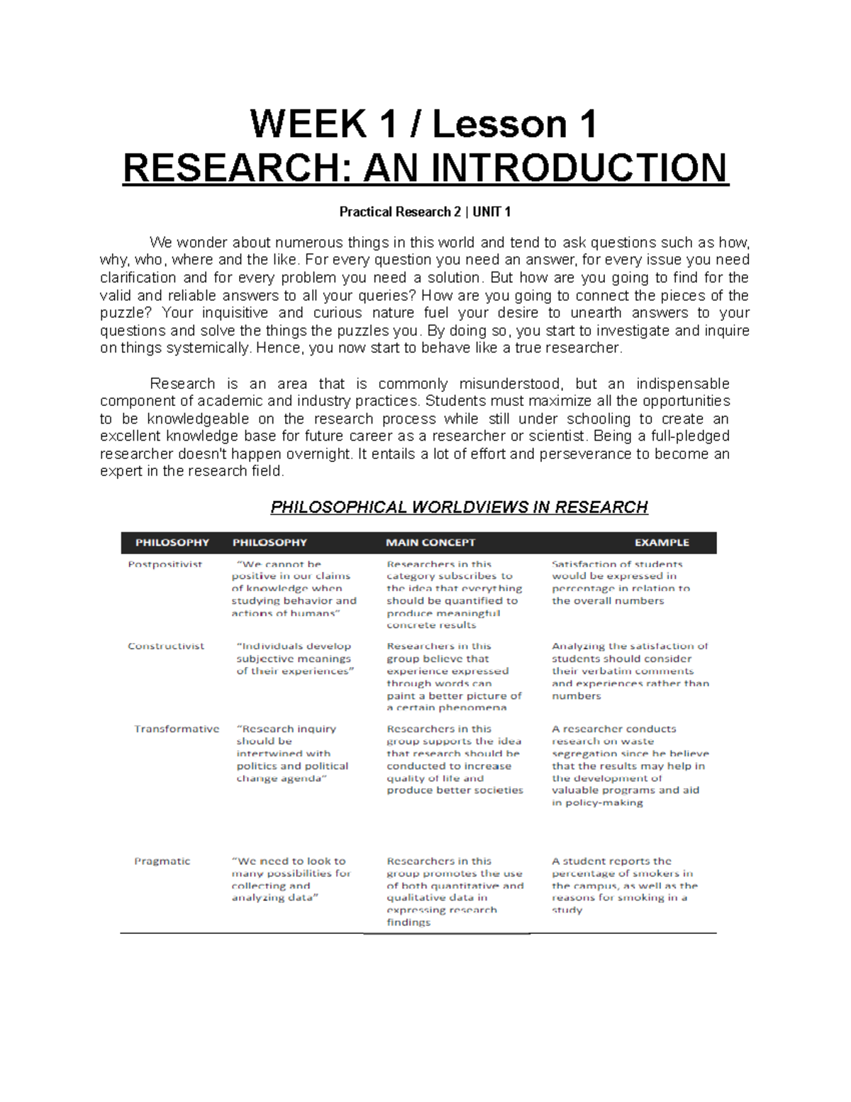 PR2 WEEK-1 Research- Introduction - WEEK 1 / Lesson 1 RESEARCH: AN INTRODUCTION Practical ...