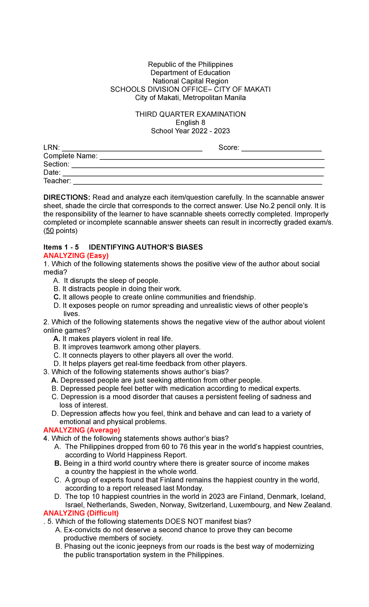 Edited Q3 Periodical-Test - Republic of the Philippines Department of ...