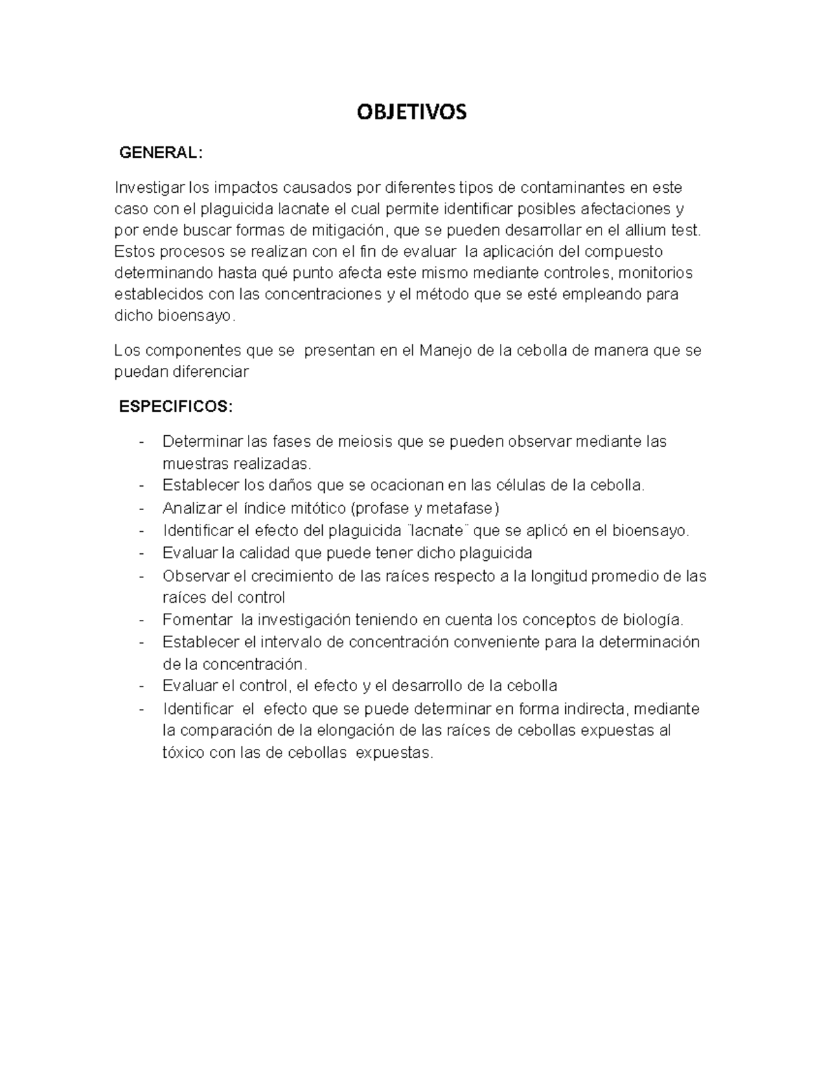 Objetivos ( Bioensayo) (Autoguardado) - OBJETIVOS GENERAL: Investigar ...