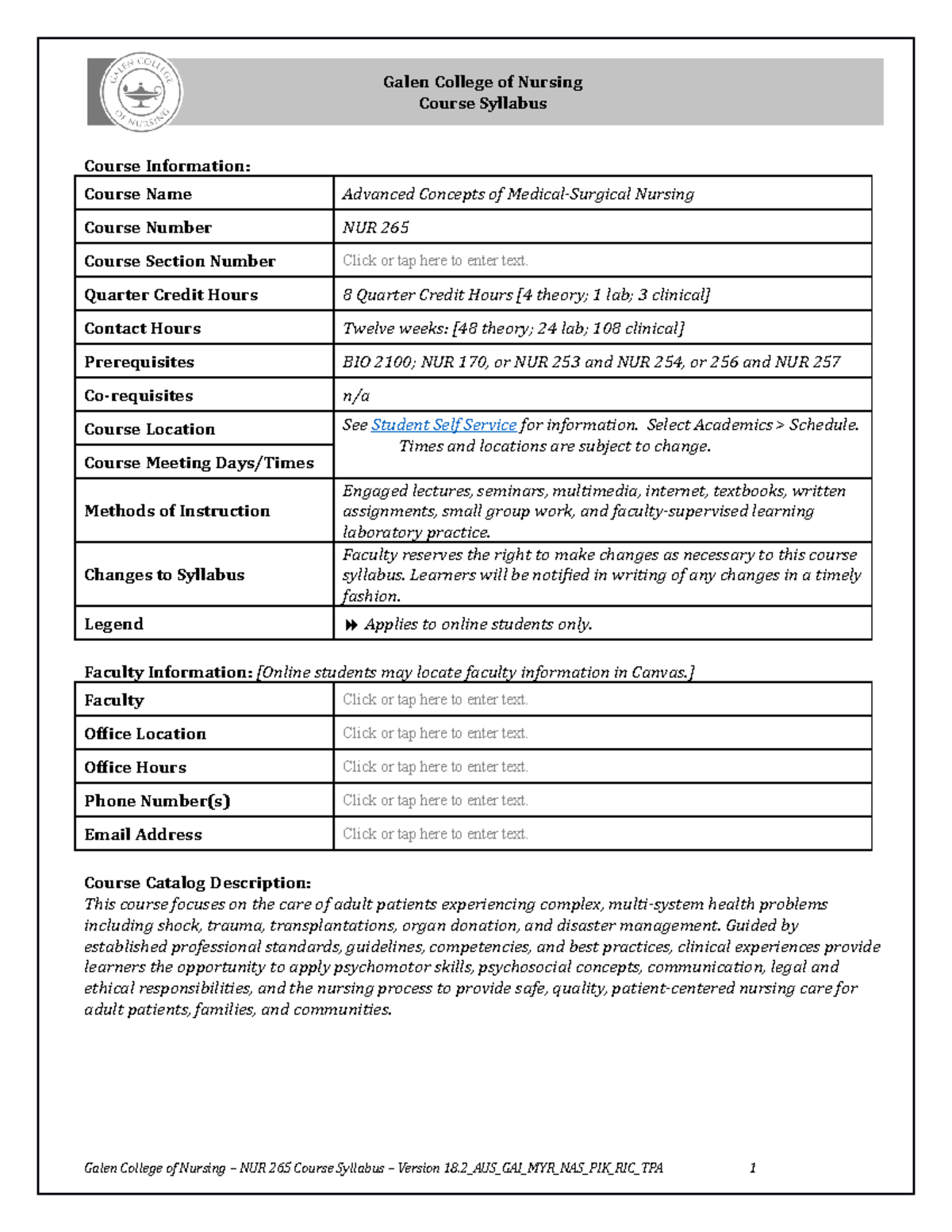NUR 265 Syllabus Version 18-2 AUS GAI MYR NAS PIK RIC TPA (1) - Galen ...