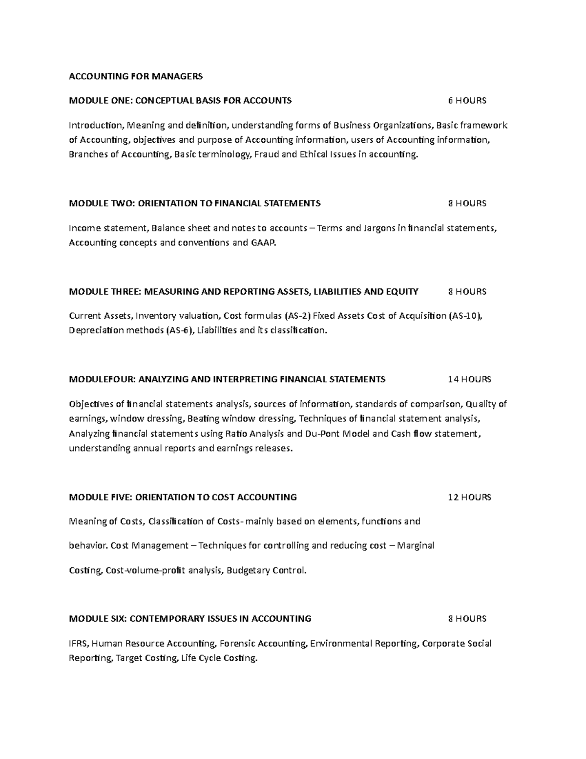 Accounting FOR Managers syllabus - ACCOUNTING FOR MANAGERS MODULE ONE ...