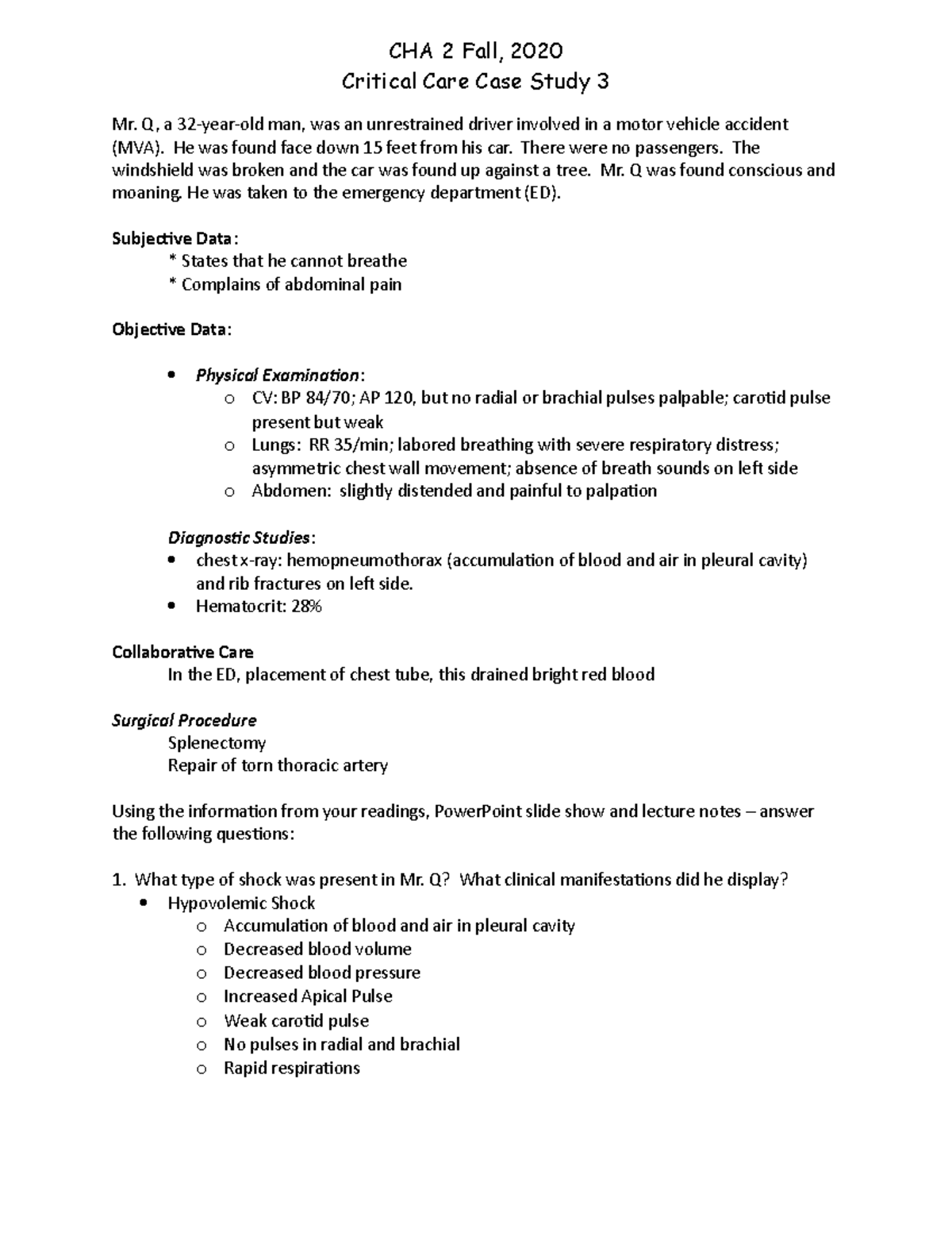 Critical Care Case Study 3 - CHA 2 Fall, 2020 Critical Care Case Study ...