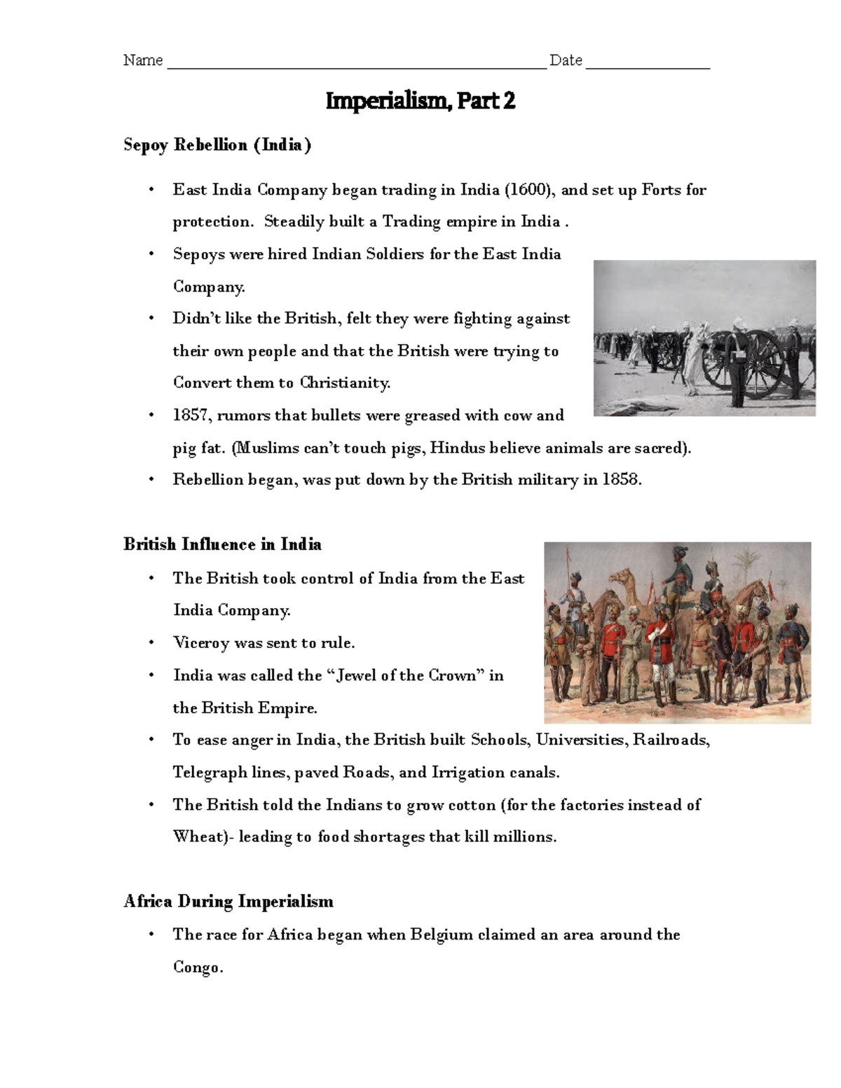 Imperialism guided notes part 2 2015 - Imperialism, Part 2 Sepoy ...