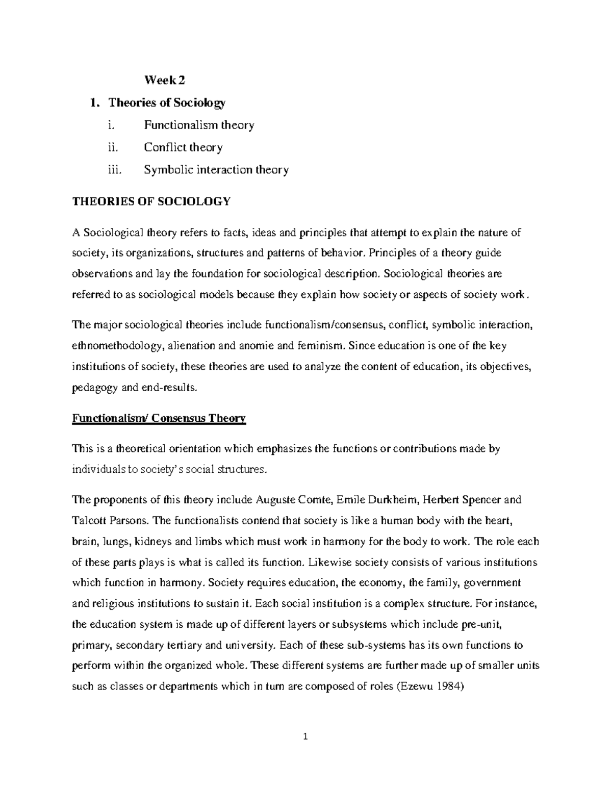 Theories of sociology - Week 2 1. Theories of Sociology i ...