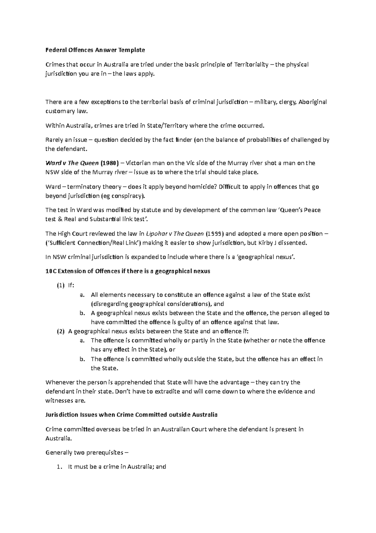 Federal Offences Answer Template - There are a few exceptions to the ...
