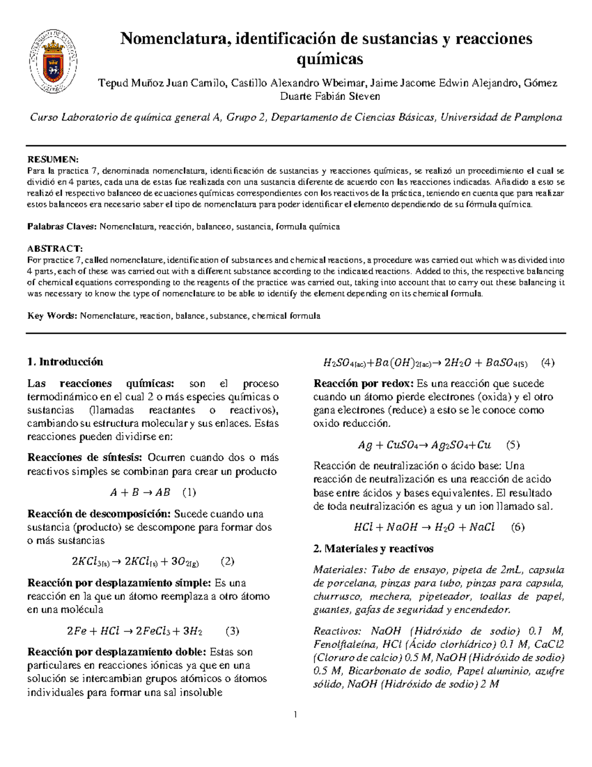 Practica N 7 - quimica general - 1 Nomenclatura, identificación de sustancias y reacciones ...