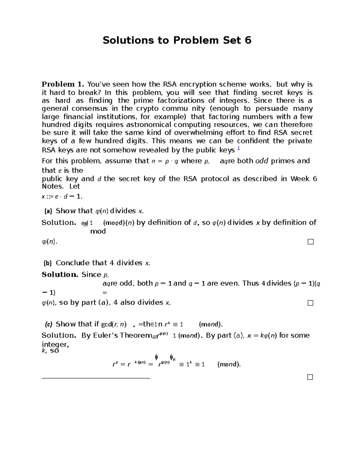 Solutions to Problem Set 6 - You’ve seen how the RSA encryption scheme ...