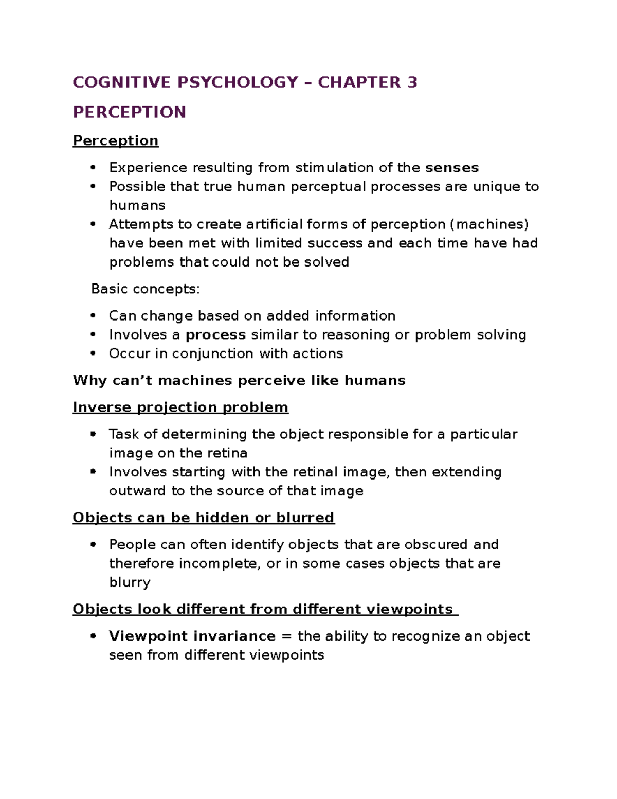 Cognitive chap 3 - COGNITIVE PSYCHOLOGY – CHAPTER 3 PERCEPTION Perception Experience resulting ...
