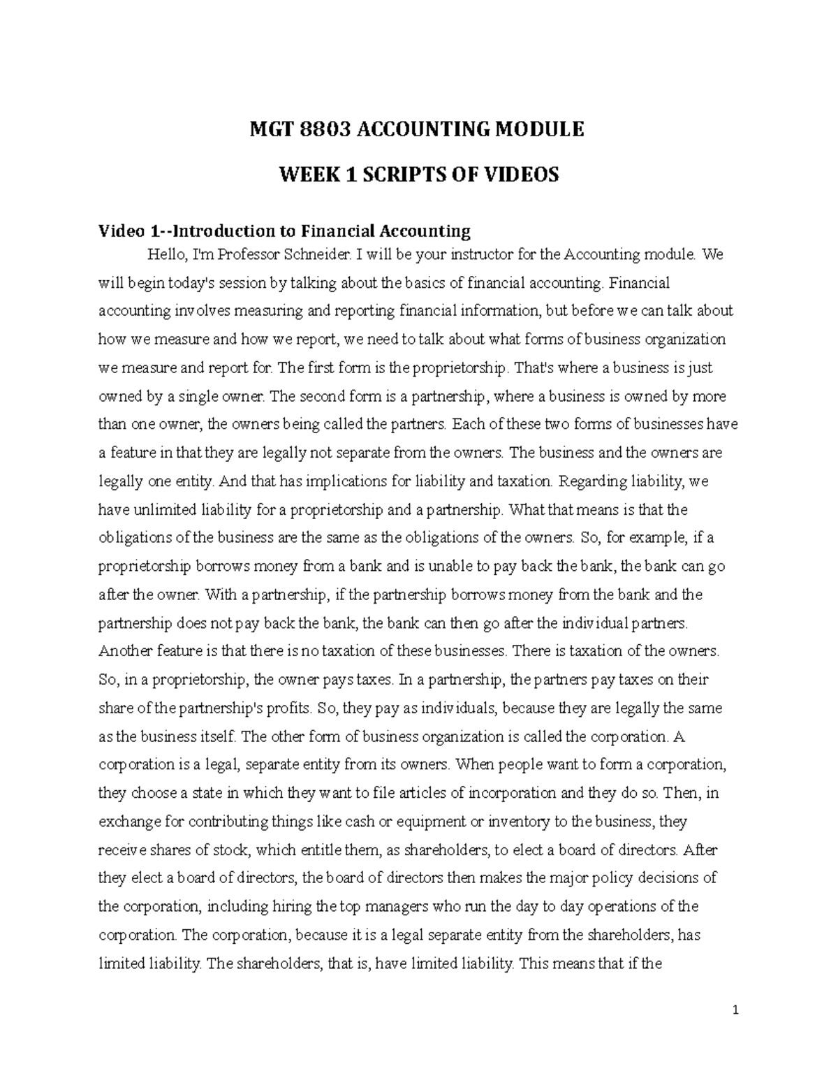 Week 1 Accounting- Introduction to Financial Accounting Video Scripts ...