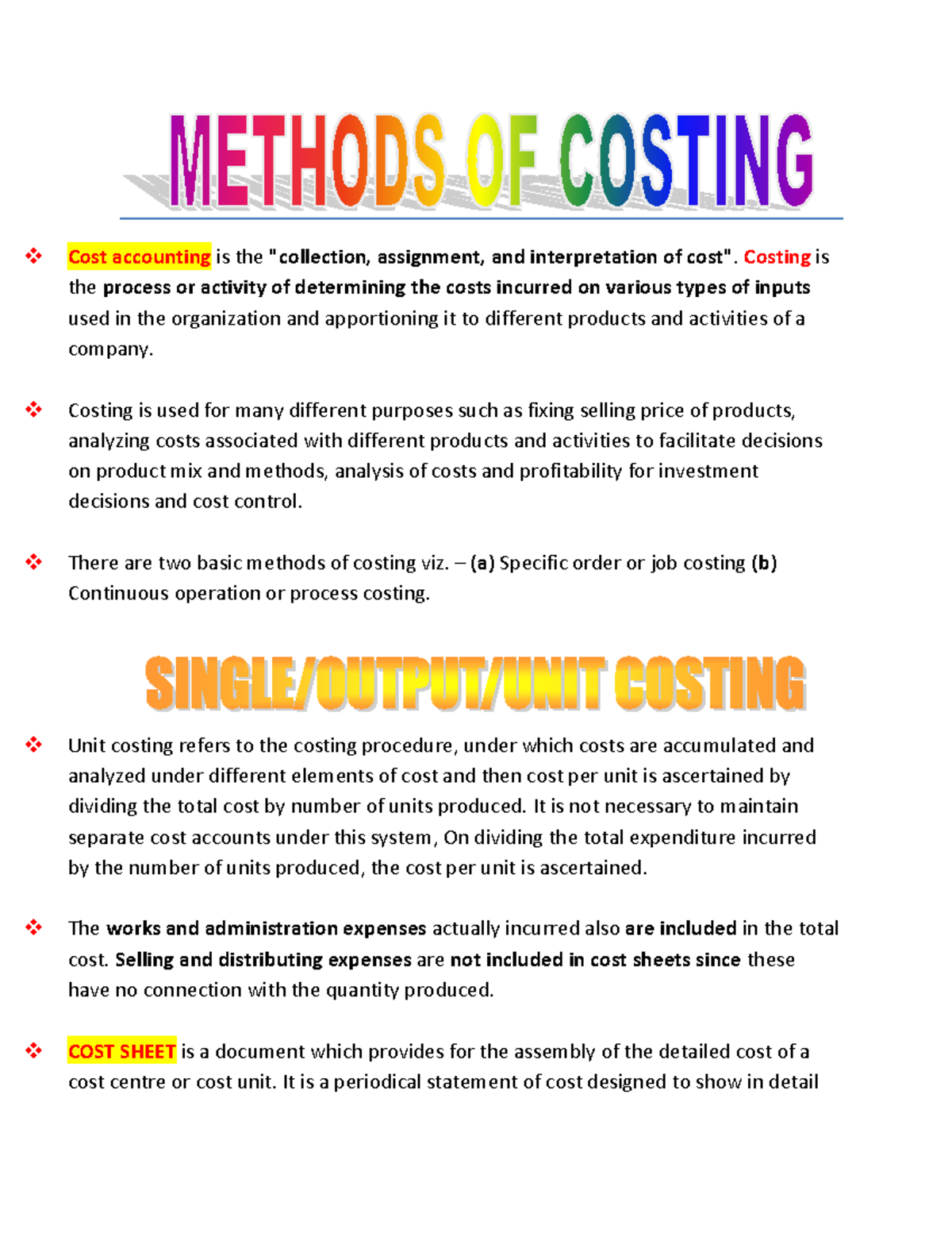 Methods of costing - summary for learning - Cost accounting is the ...