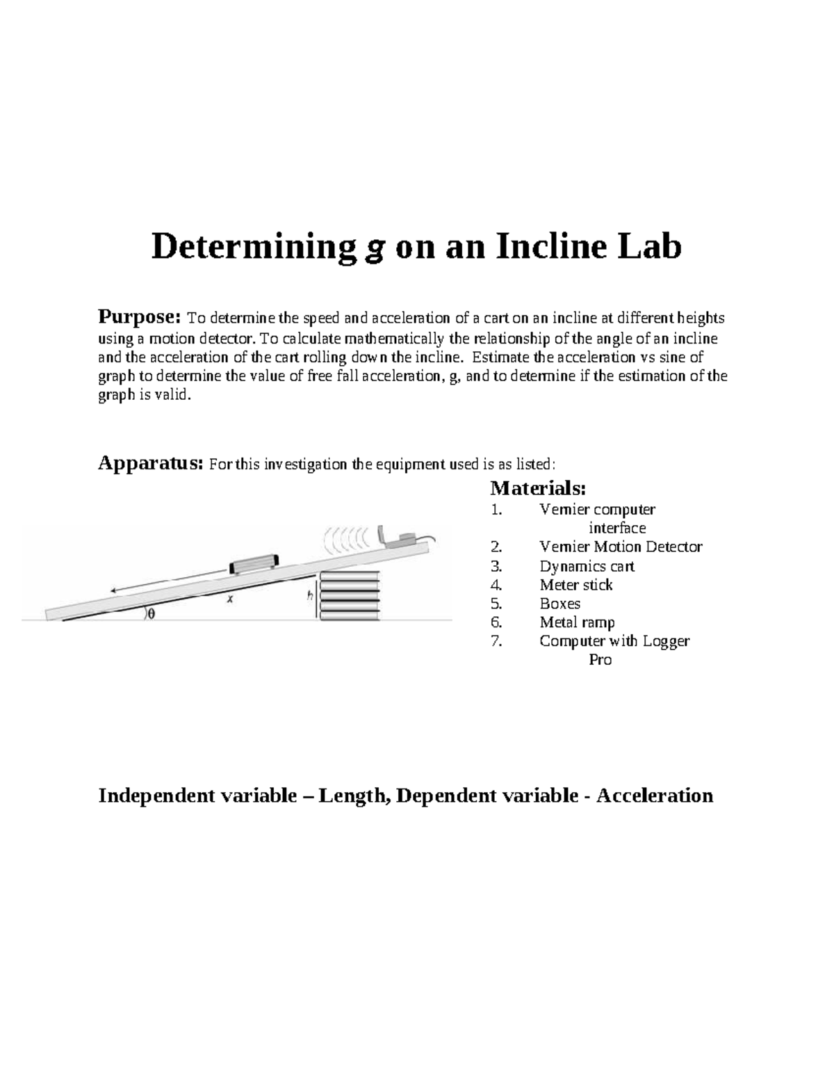 2-3 Incline Lab - of Algebra-based Physics I Lab - Determining g on an ...