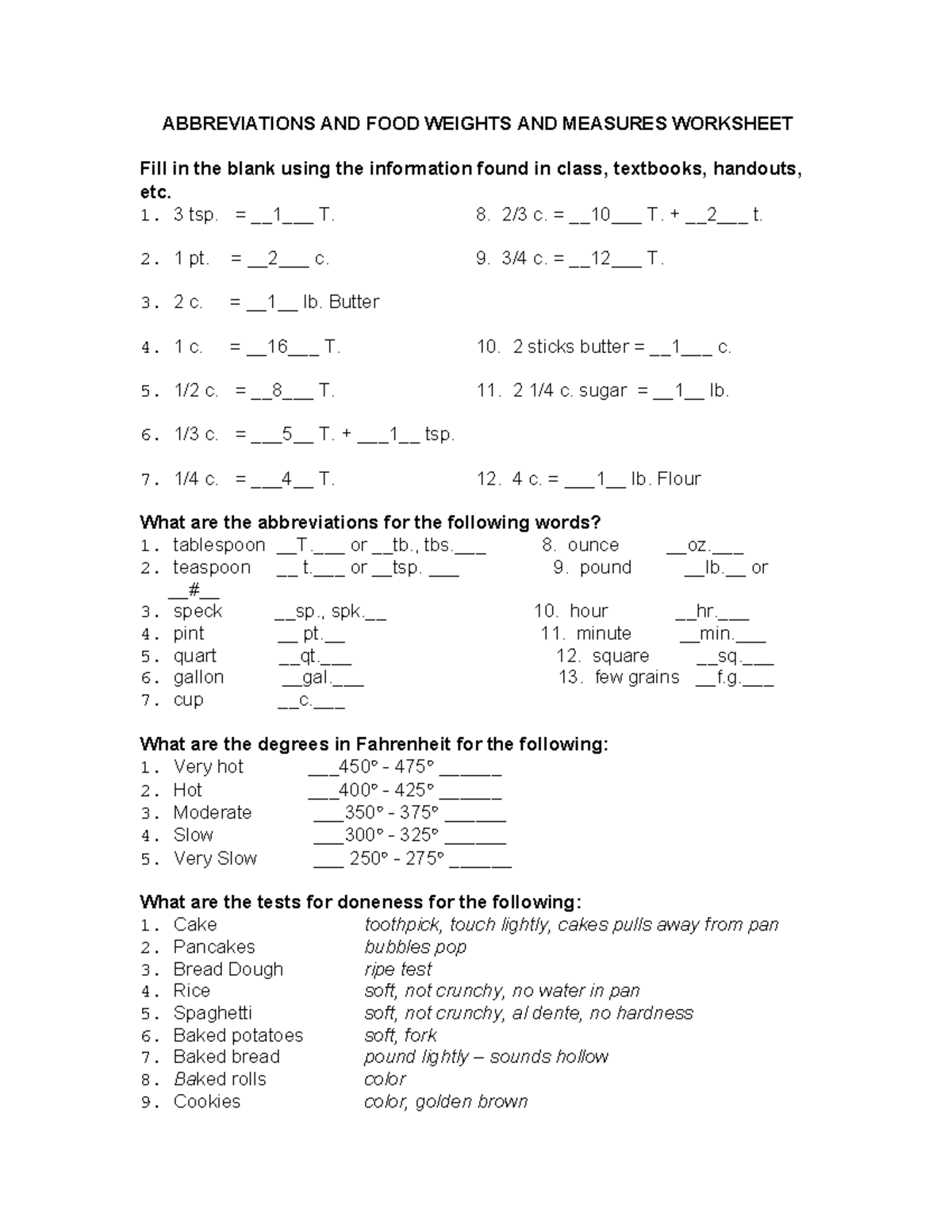Abbreviation Worksheet Key - ABBREVIATIONS AND FOOD WEIGHTS AND ...