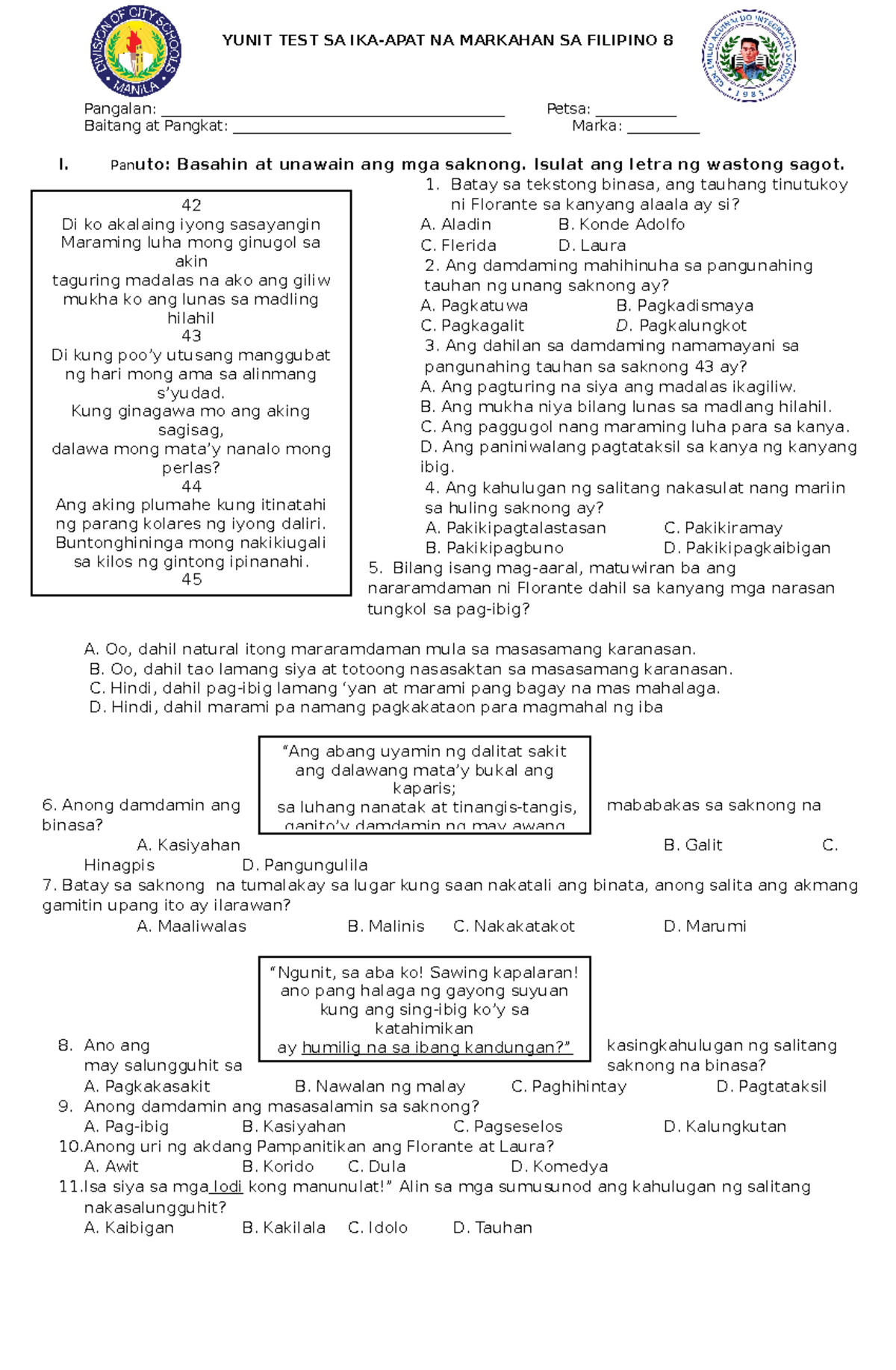 Filipino 8 UNIT TEST - YUNIT TEST SA IKA-APAT NA MARKAHAN SA FILIPINO 8 ...