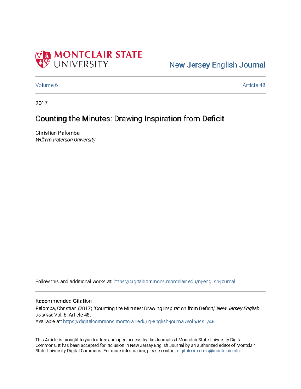 Counting the Minutes Drawing Inspiration from Deficit - New Jersey ...