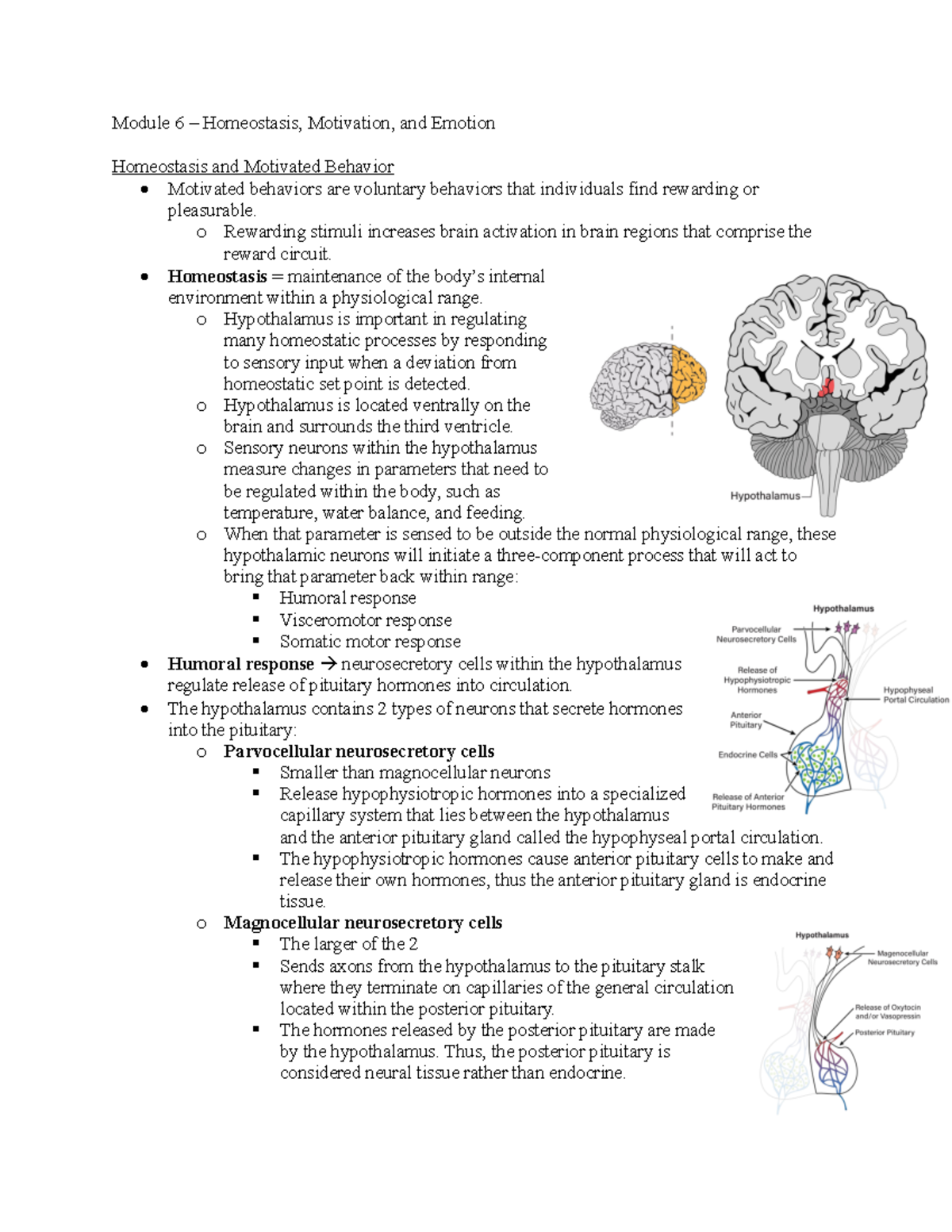 Module 6 Notes - Module 6 – Homeostasis, Motivation, and Emotion ...