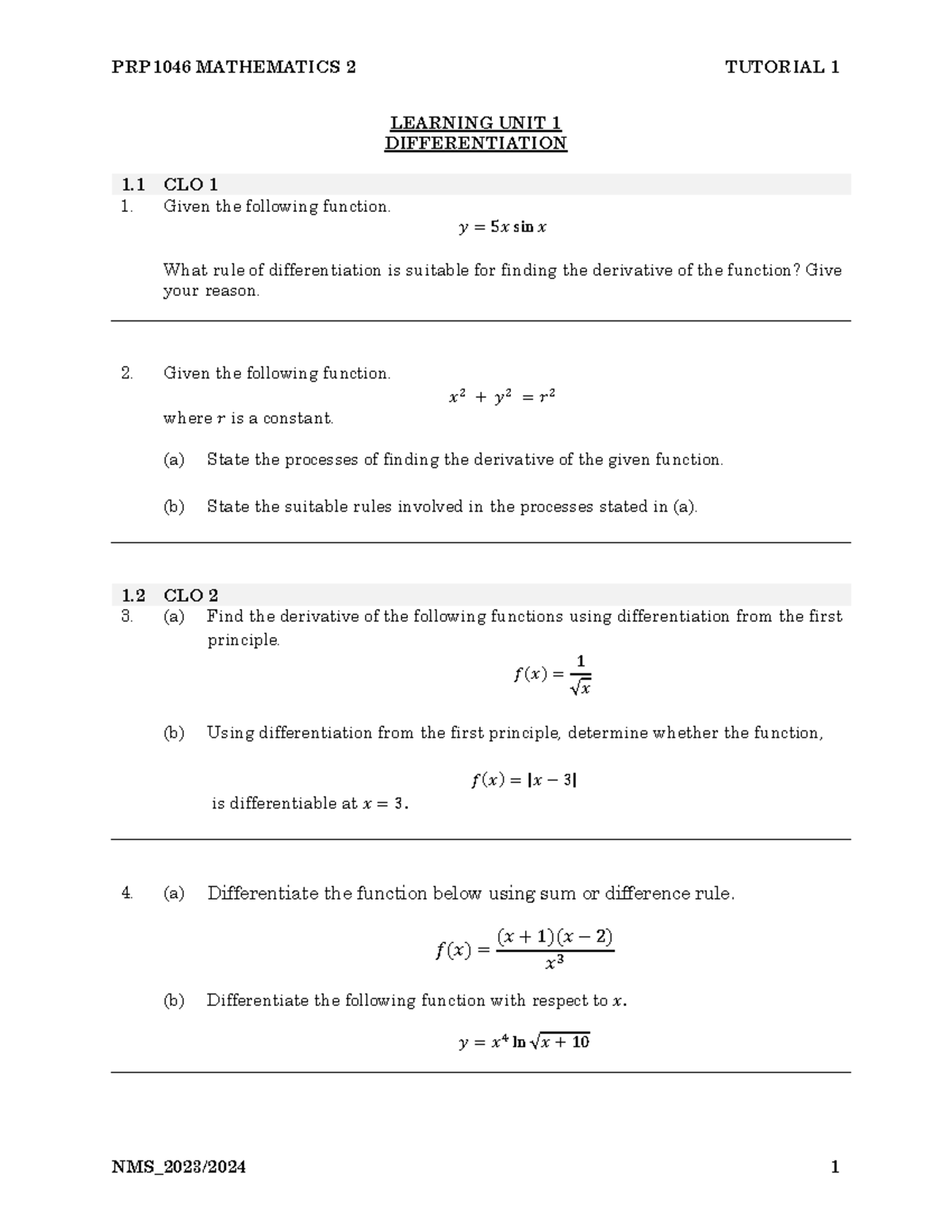 Tutorial LU1 MATHEMATICS - PRP 104 6 MATHEMATICS 2 TUTORIAL 1 NMS_202 3 ...