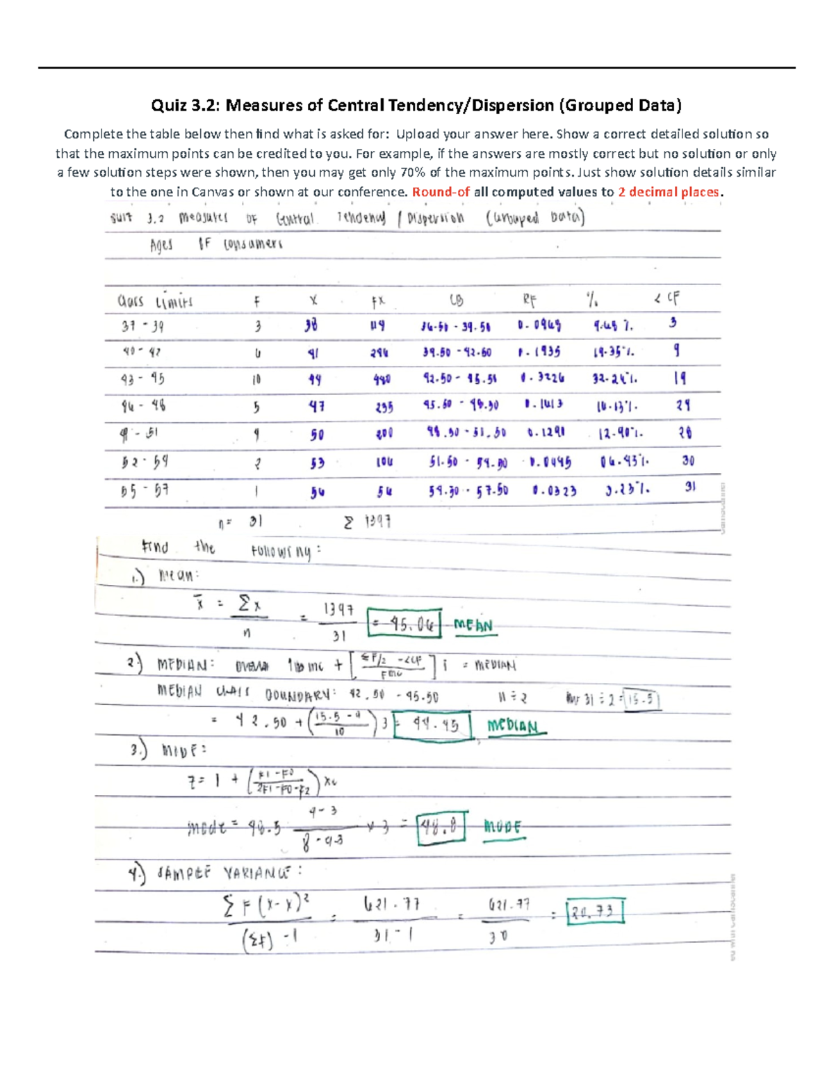 QUIZ 3 - Lecture Notes - Quiz 3: Measures of Central Tendency ...