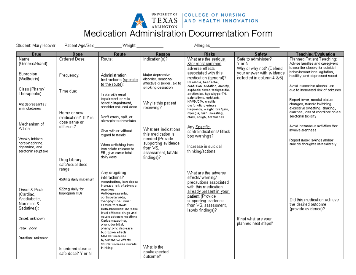 Bupropion - Medication sheet - Medication Administration Documentation ...