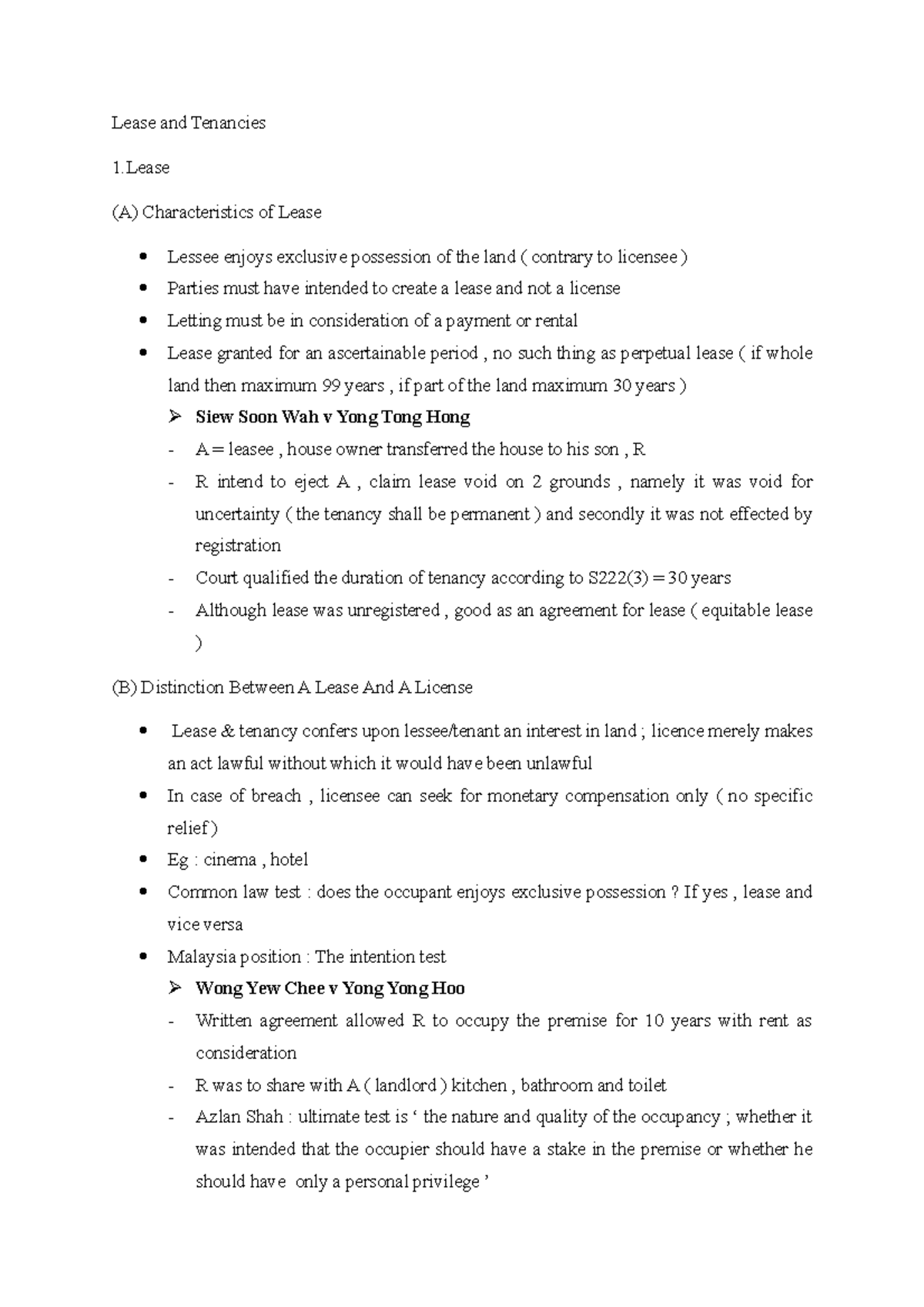 Lease and Tenancies - Summary Land Law II - Lease and Tenancies 1 (A ...