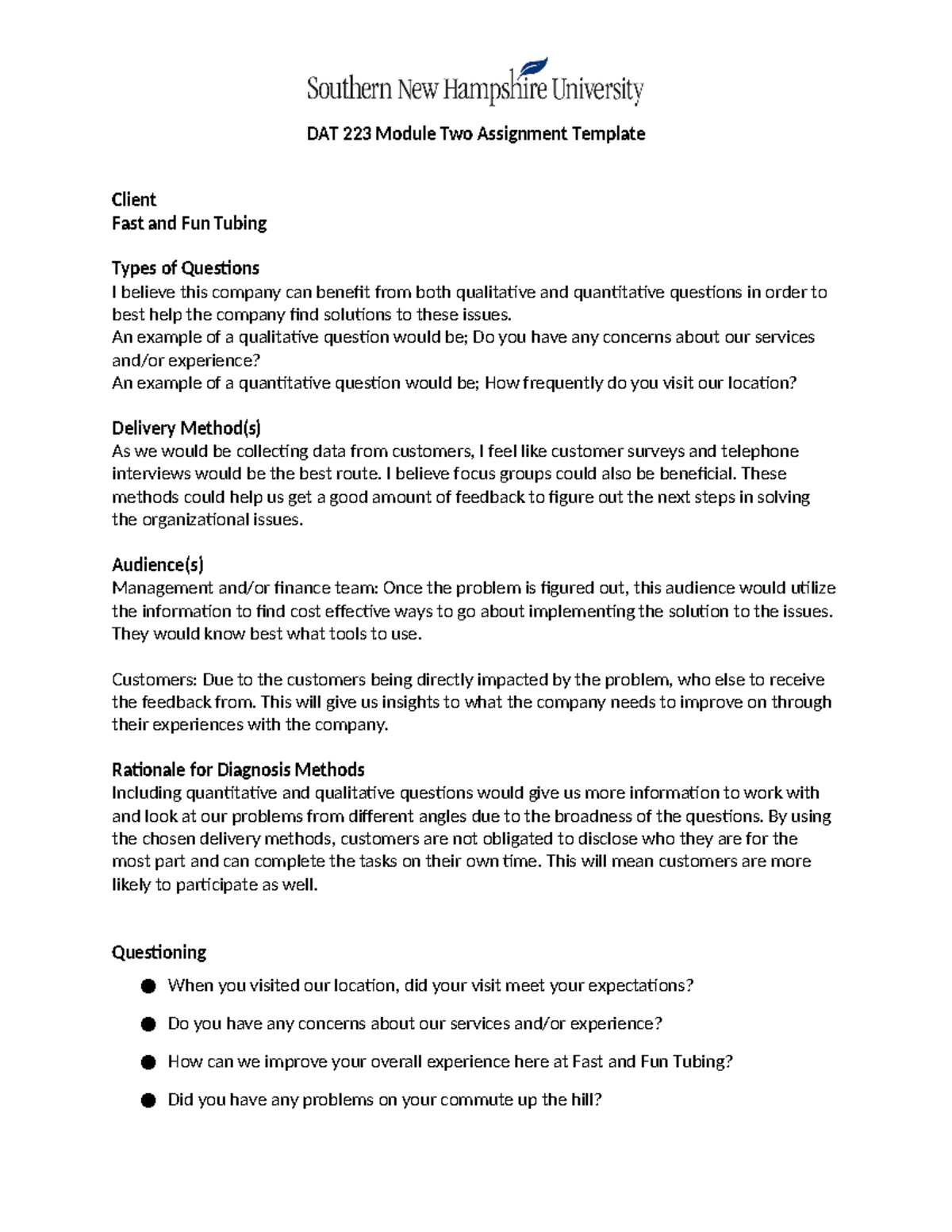 2-3 Assignment Diagnosing Problems (DAT-223) - DAT 223 Module Two Assignment Template Client ...