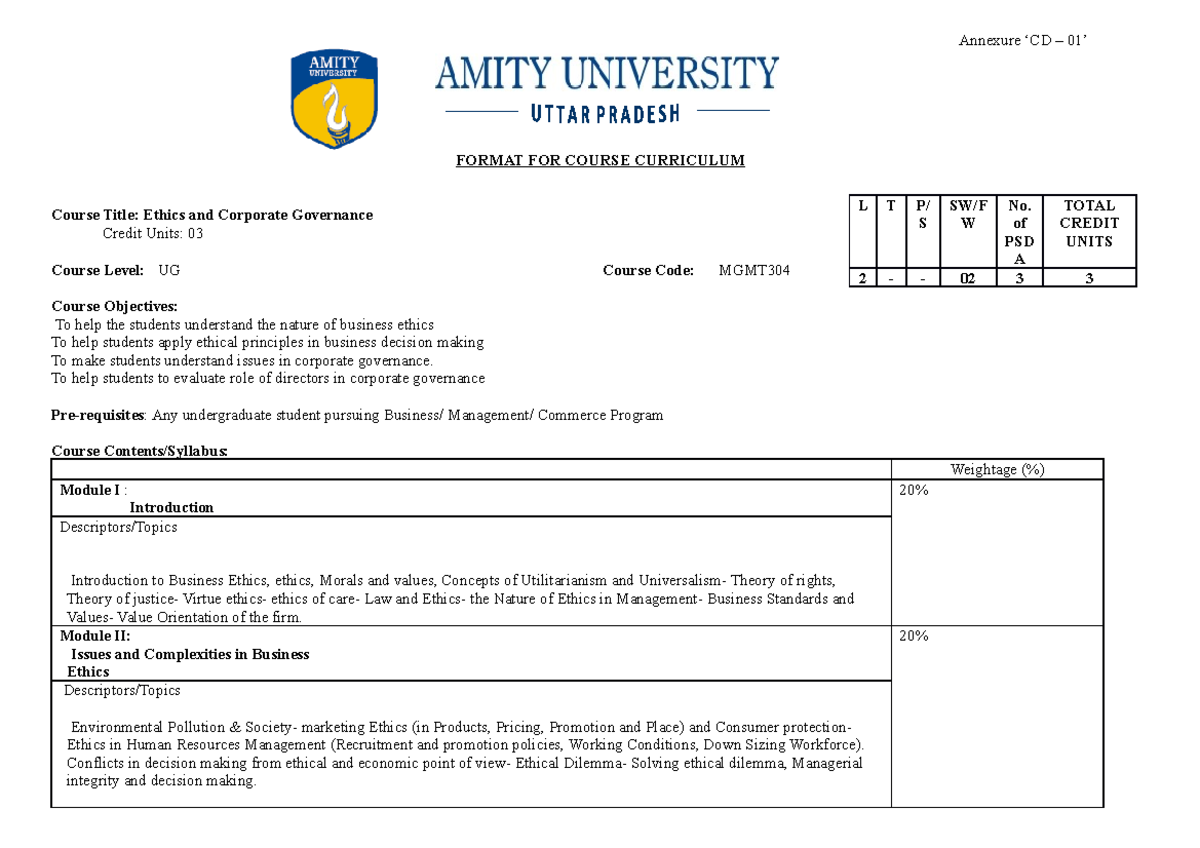 Ethics and governsnce syllabus - Annexure ‘CD – 01’ FORMAT FOR COURSE ...