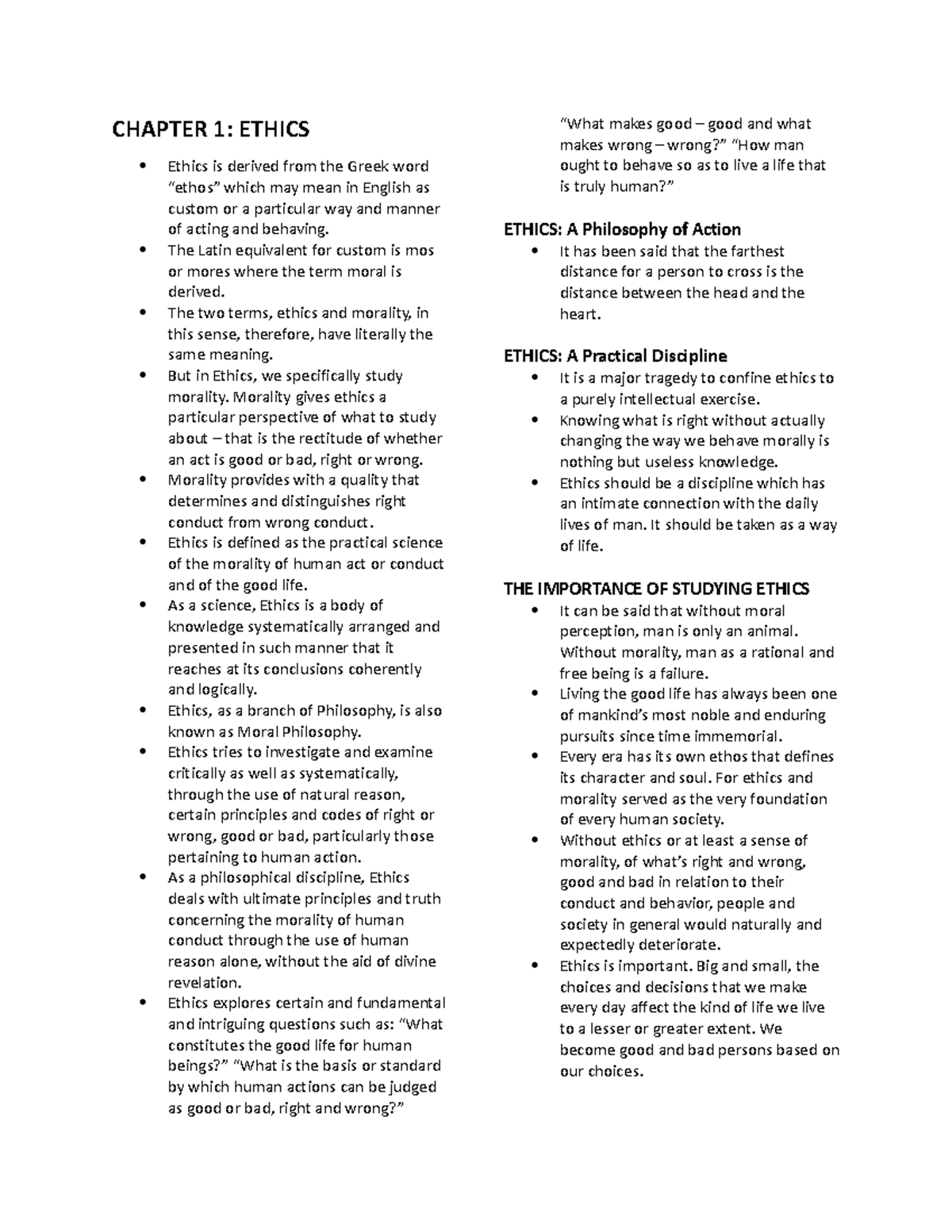Chapter 1-2 (MID Ethics) - CHAPTER 1: ETHICS Ethics is derived from the ...